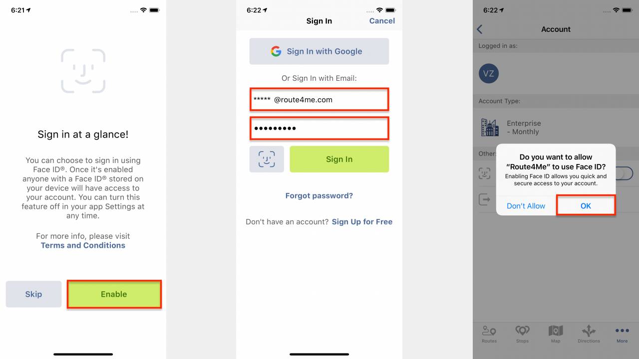 Use Face ID Login on iOS Route Planner for Delivery Drivers