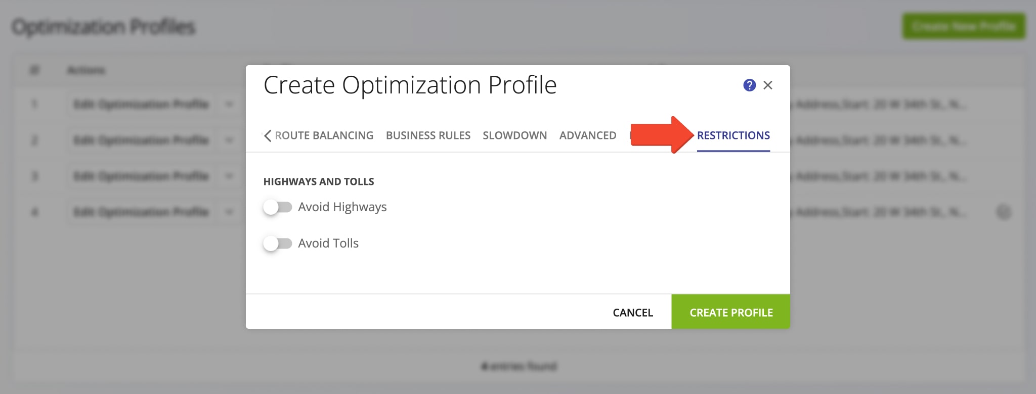 Route Optimization Profiles on Route Planning Web Platform